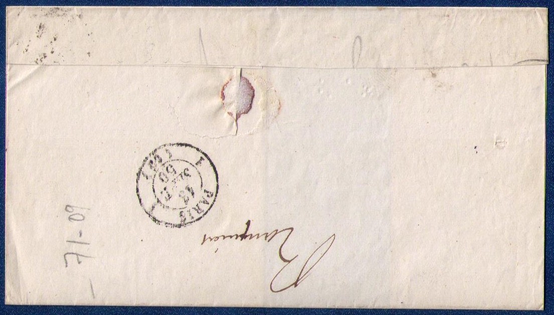 FRANCE (1850) Sc #6 Postal Cover "Sur Lettre" Paris, Rare Cancellation ...