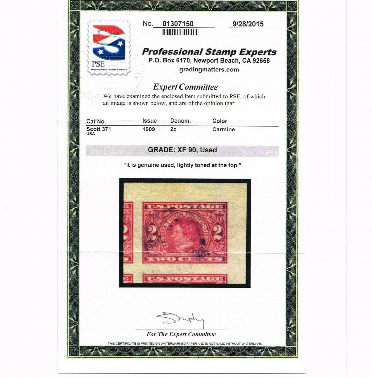 Exceptional Genuine Massive Scott 371 Used 1909 PSE Cert Graded Xf-90 ...
