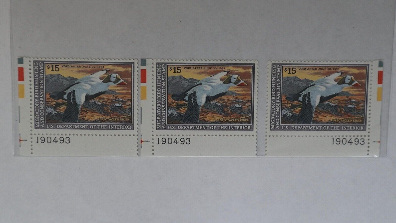 3 X RW59 MNH 1992 Federal Duck Stamps $15 Spectacled Eider Plate ...