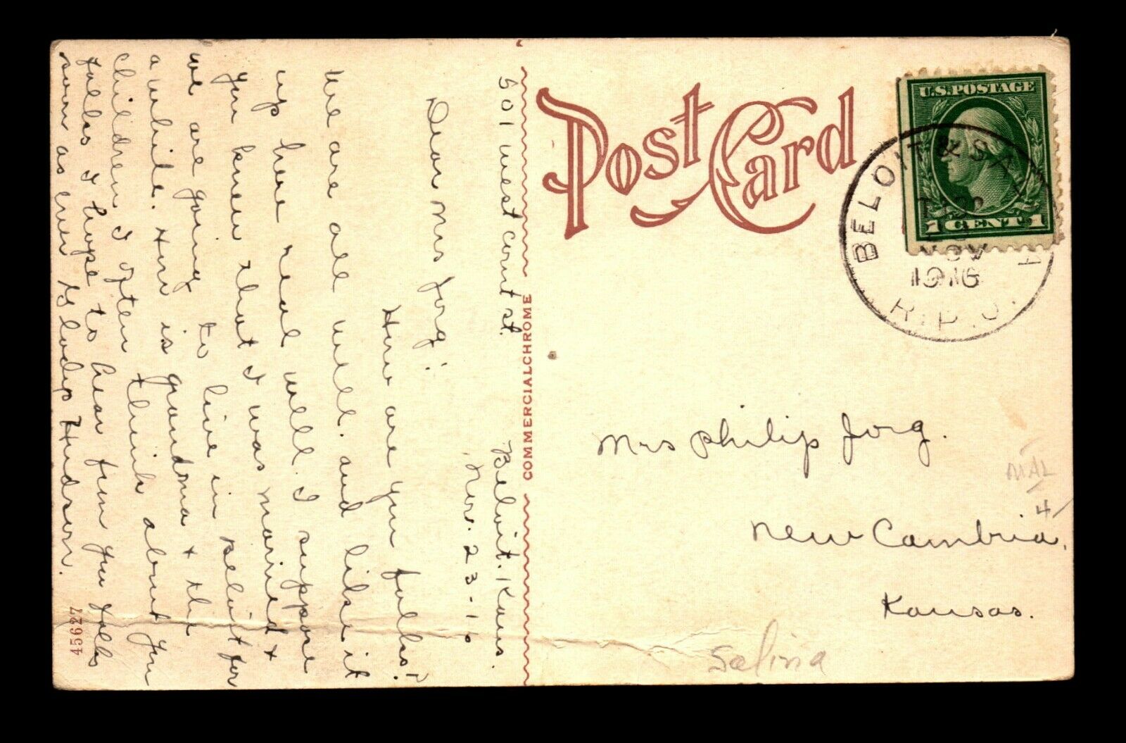 1916 Beloit & Salina RPO Card / Bottom Crease - L18775 | United States ...
