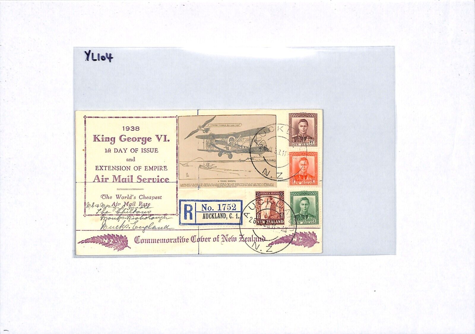 NEW ZEALAND Cover EMPIRE AIR MAIL Extension COMIC LABEL First Day GB ...