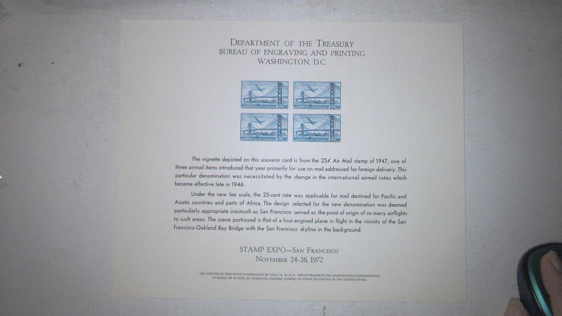 BEP Souv Card, 1972 Stamp Expo SAN Francisco, Scott# Sc26 | United ...