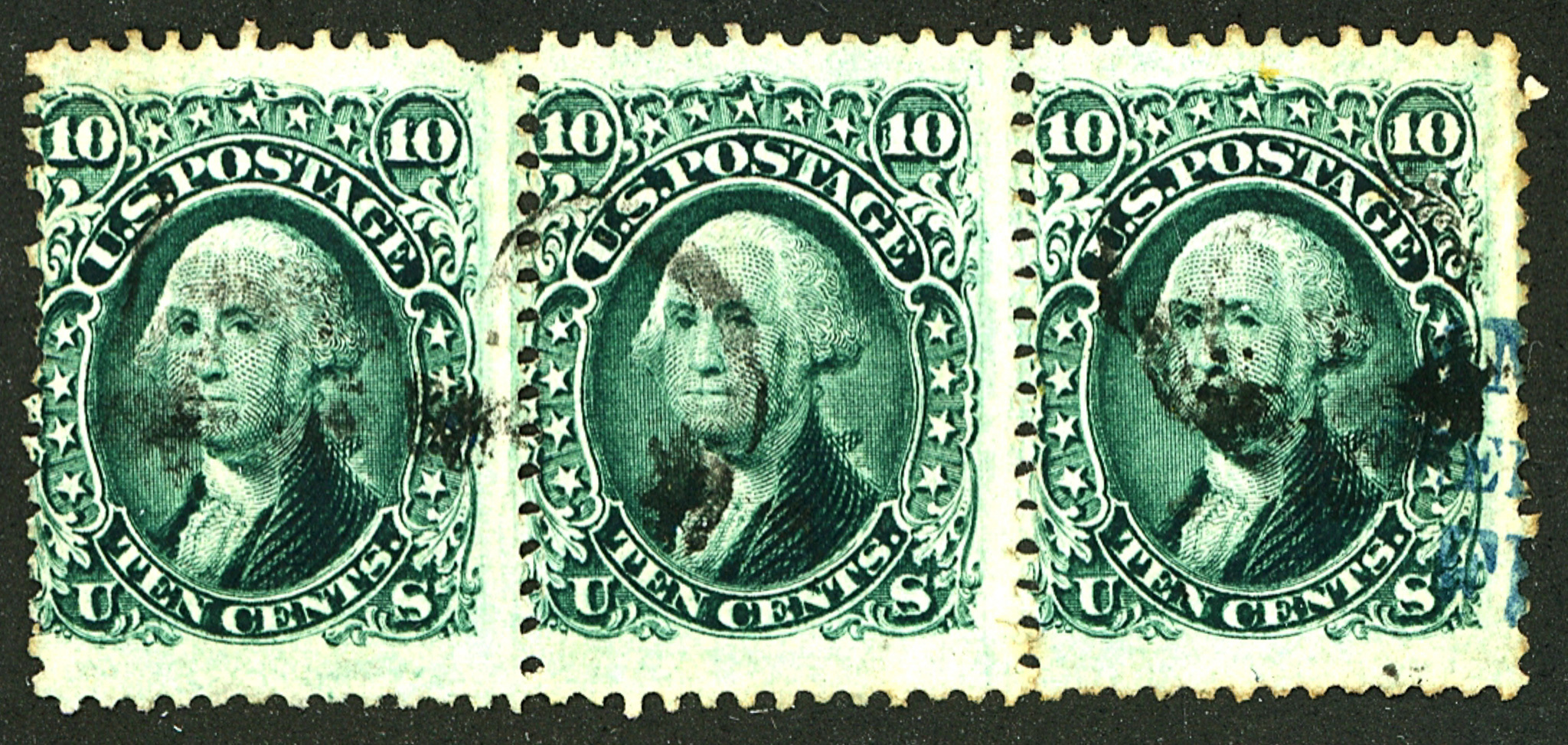 U.S. #68 Used Strip of 3 | United States, General Issue Stamp / HipStamp