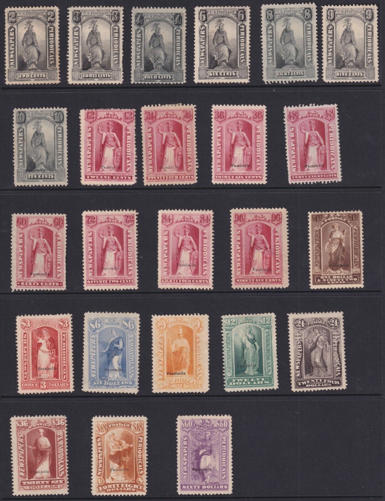 1875 Newspaper Facsimiles, Complete Set of 24, Type A, NG. "Facsimile ...