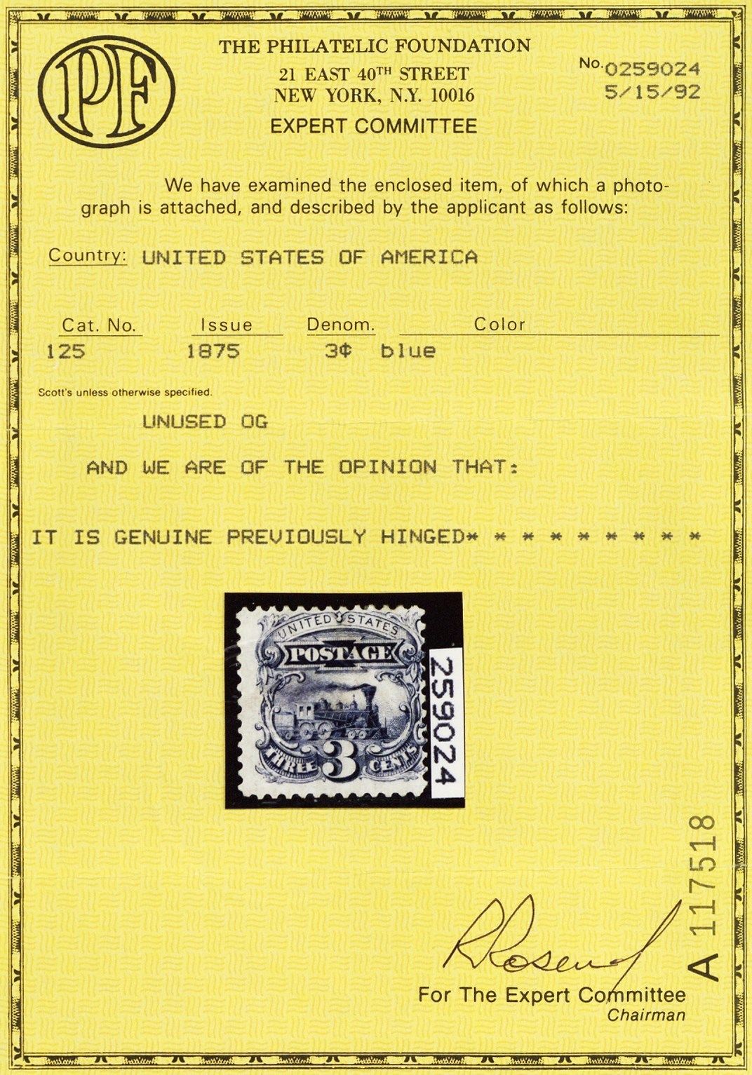 125, Mint OG 3¢ REISSUE - Very RARE Stamp With PFC Cat $5,000.00 ...