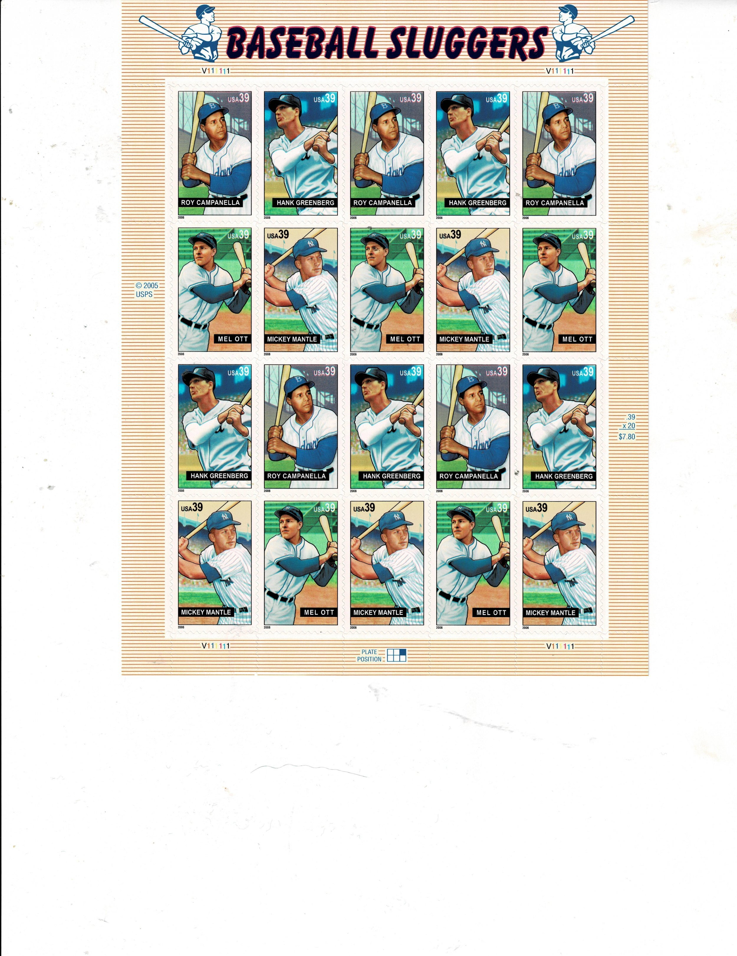 Baseball Sluggers 39c US Postage Sheet #4080-83 VF MNH | United States ...