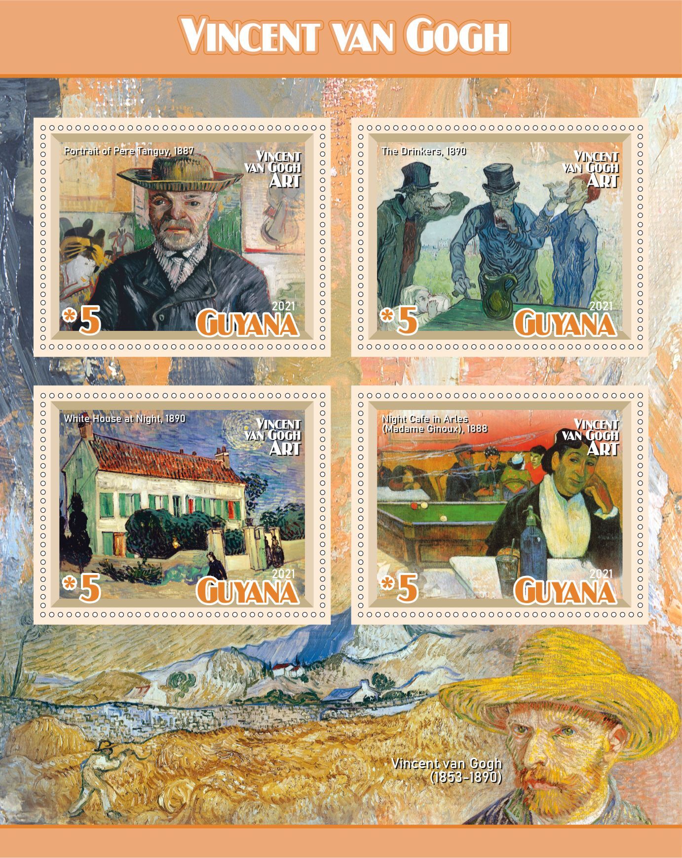 Stamps.Art. Painting. Vincent Van Gogh 1+1 sheets perf 2021 year Guyana ...