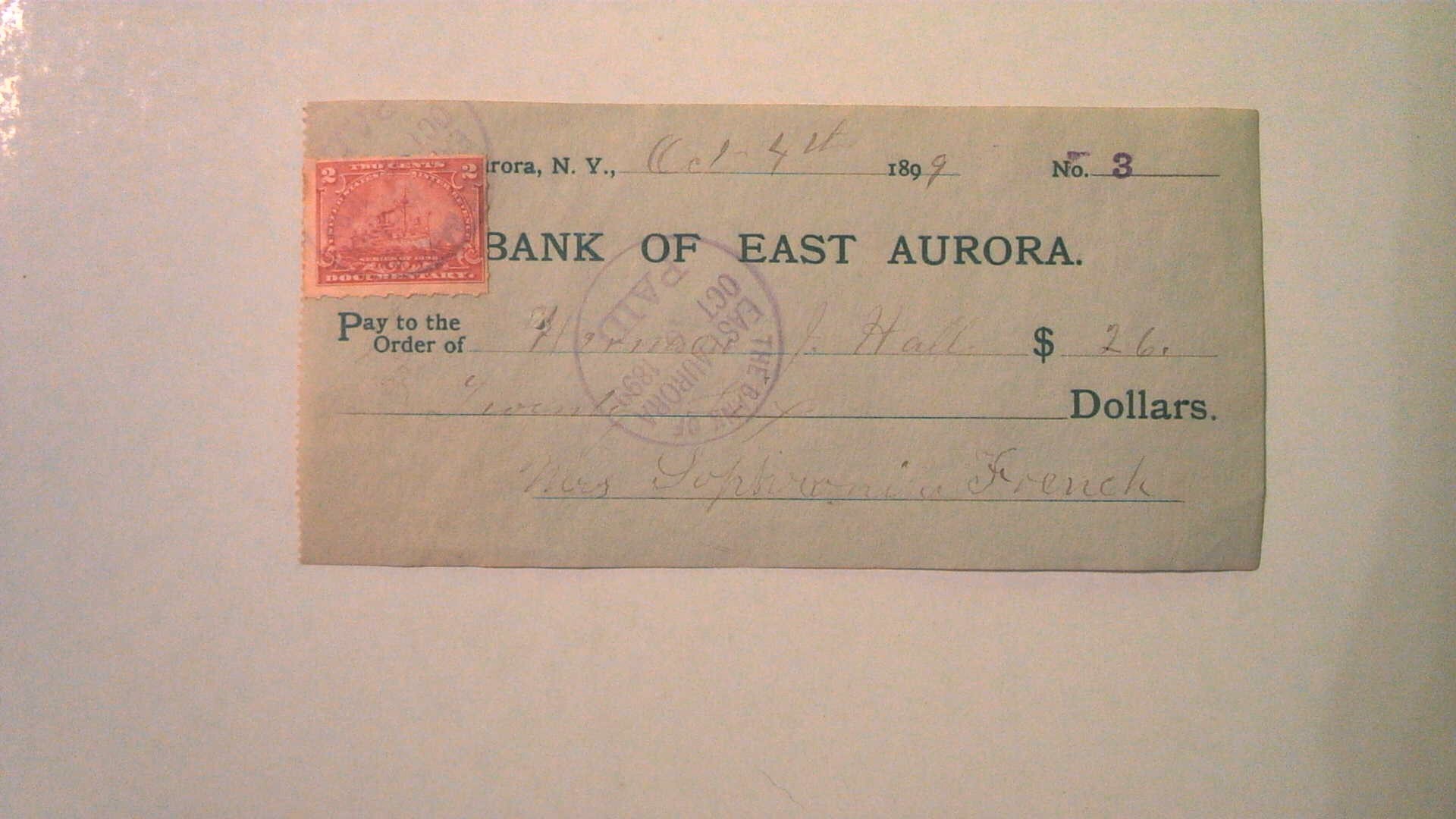 1899 Bank of East Aurora Bank Check W/Revenue Stamp | United States ...