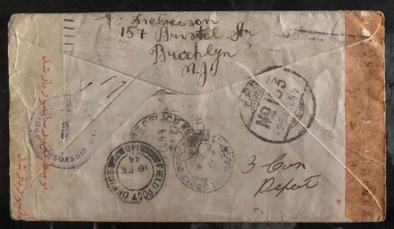 1944 Brooklyn USA Cover Anglo Soviet Persian Censored to Soldier ...