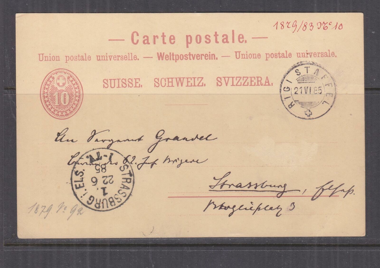 SWITZERLAND, Postal Card, 1885 10c. Rigi Staffel to Strasbourg ...