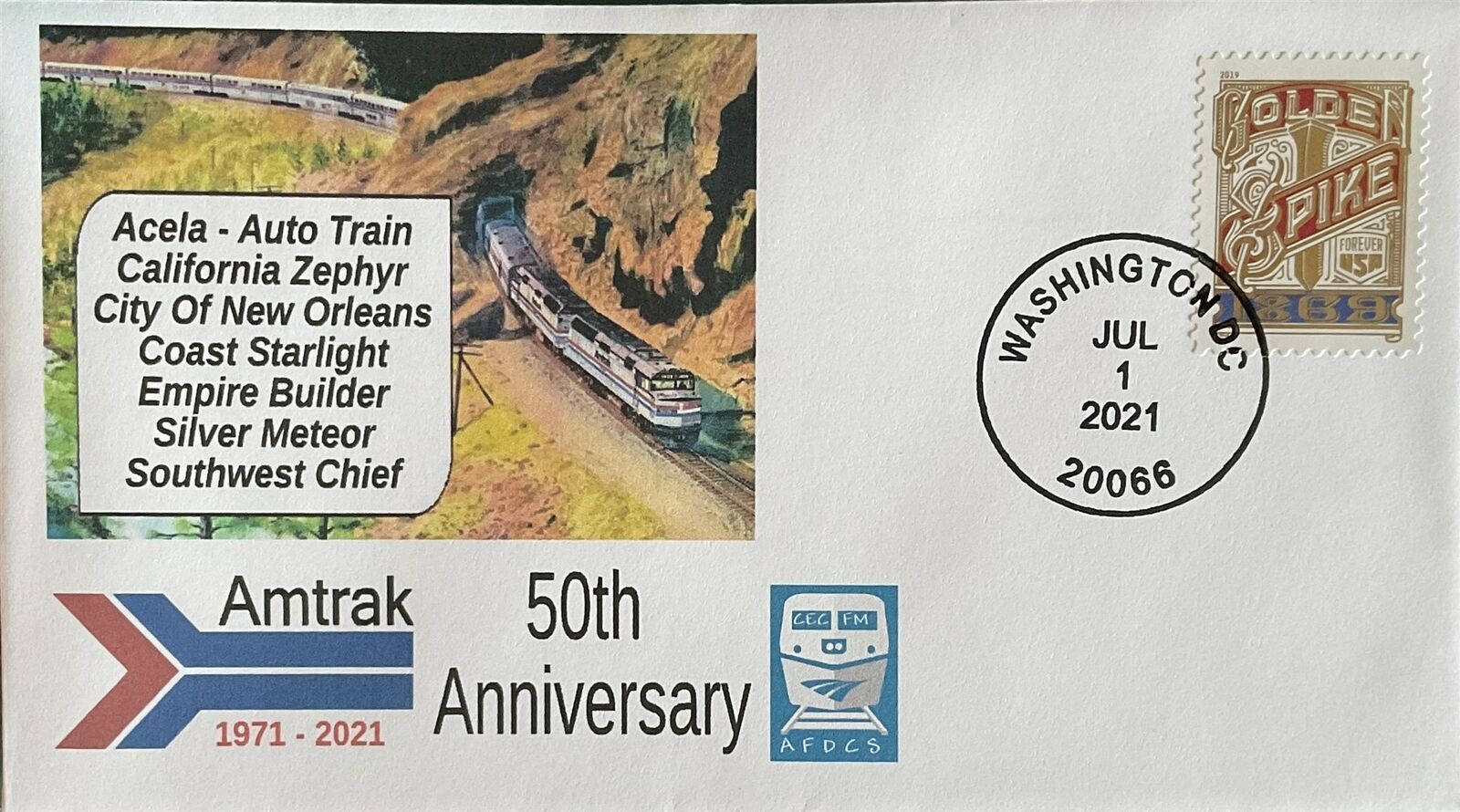 AFDCS AMTRAK 50th Anniversary Golden Spike Railroad Stamp 1971-2021 ...