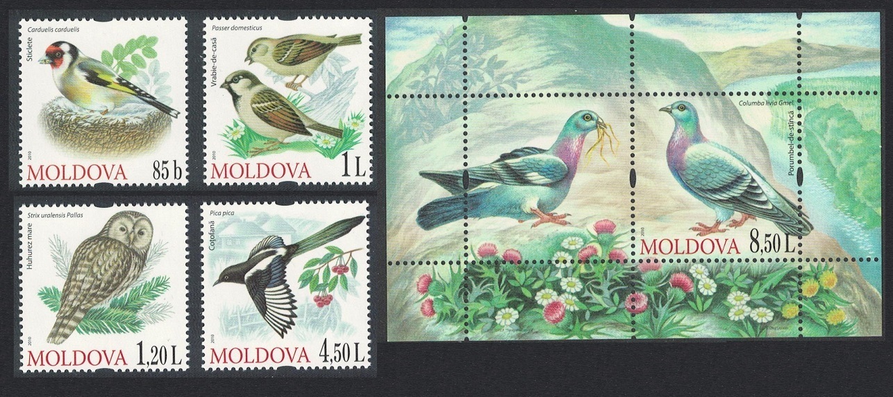 Moldova Goldfinch Owl Magpie Dove Birds 4v+MS 2010 MNH SG#692-MS696 ...