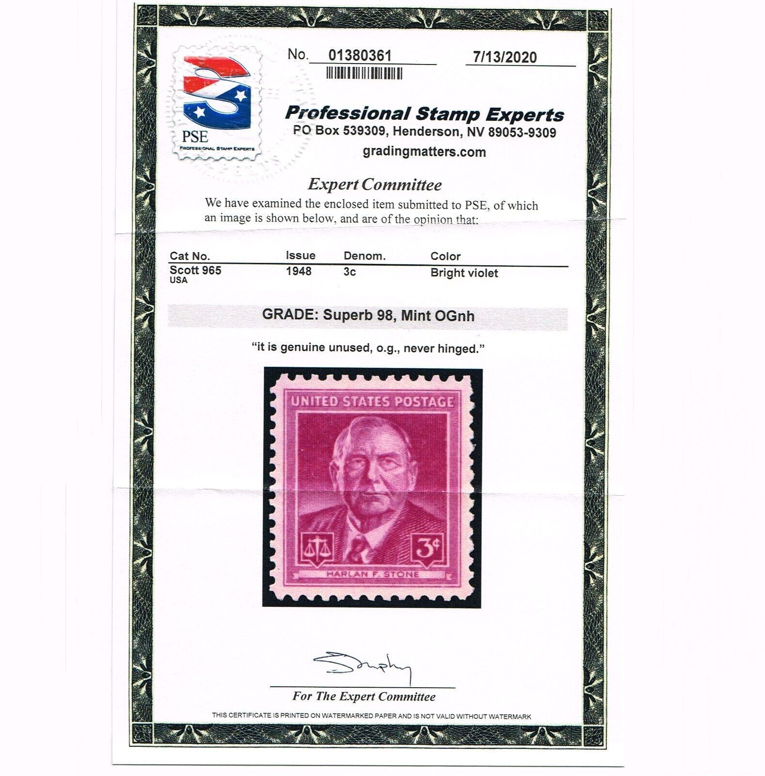 Exceptional Genuine Scott #965 Mint Pristine OG NH PSE Cert Graded ...