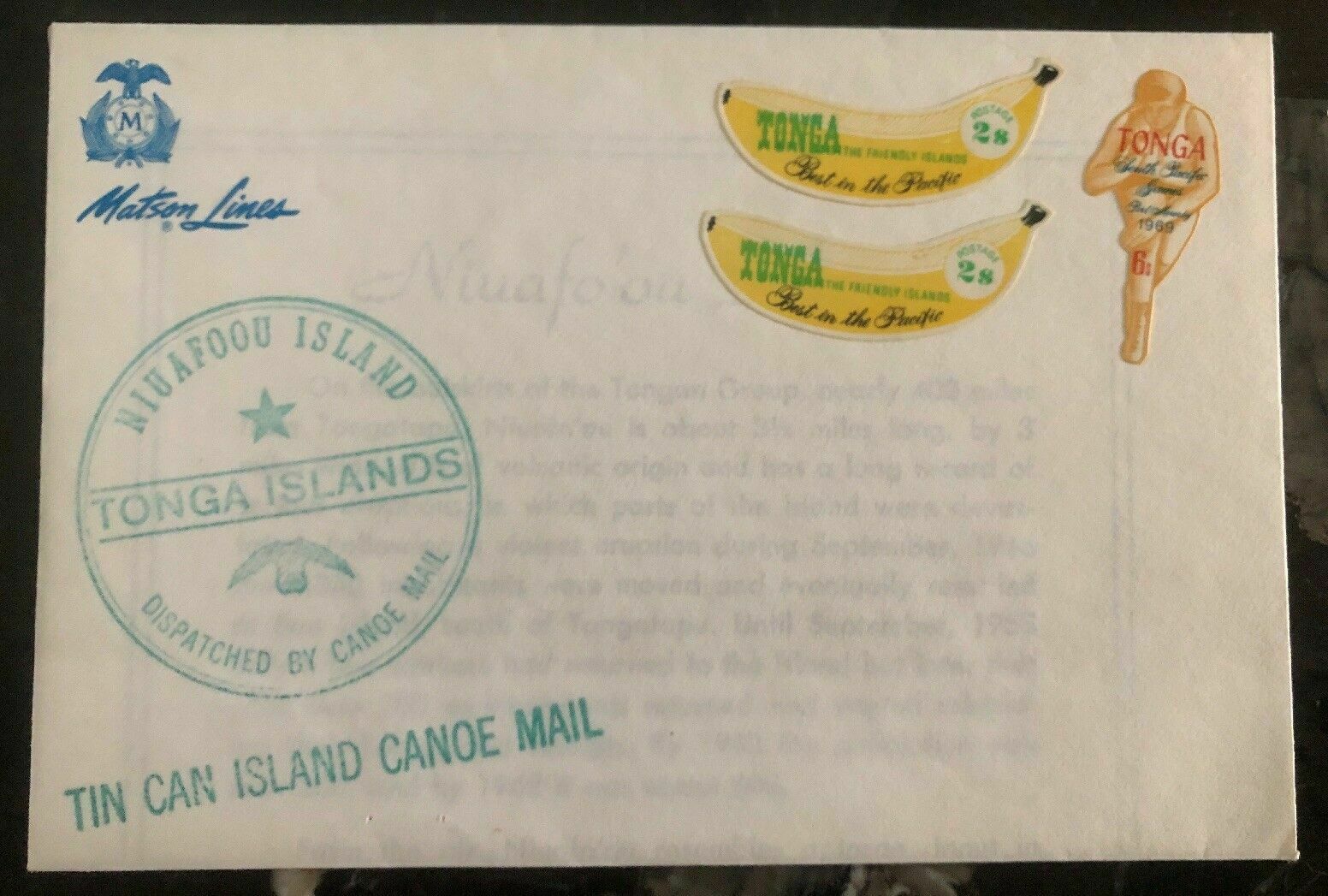 1968 Niuafoou Tonga Toga Tin Can Canoe Mail Cover Matson Line Banana ...