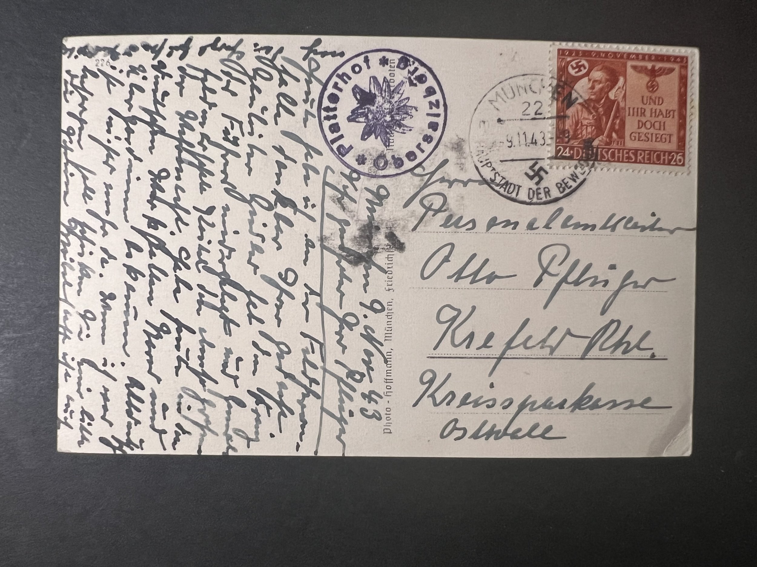 1943 Nazi Germany RPPC Postcard Cover Munich to Krefeld Hitler and ...