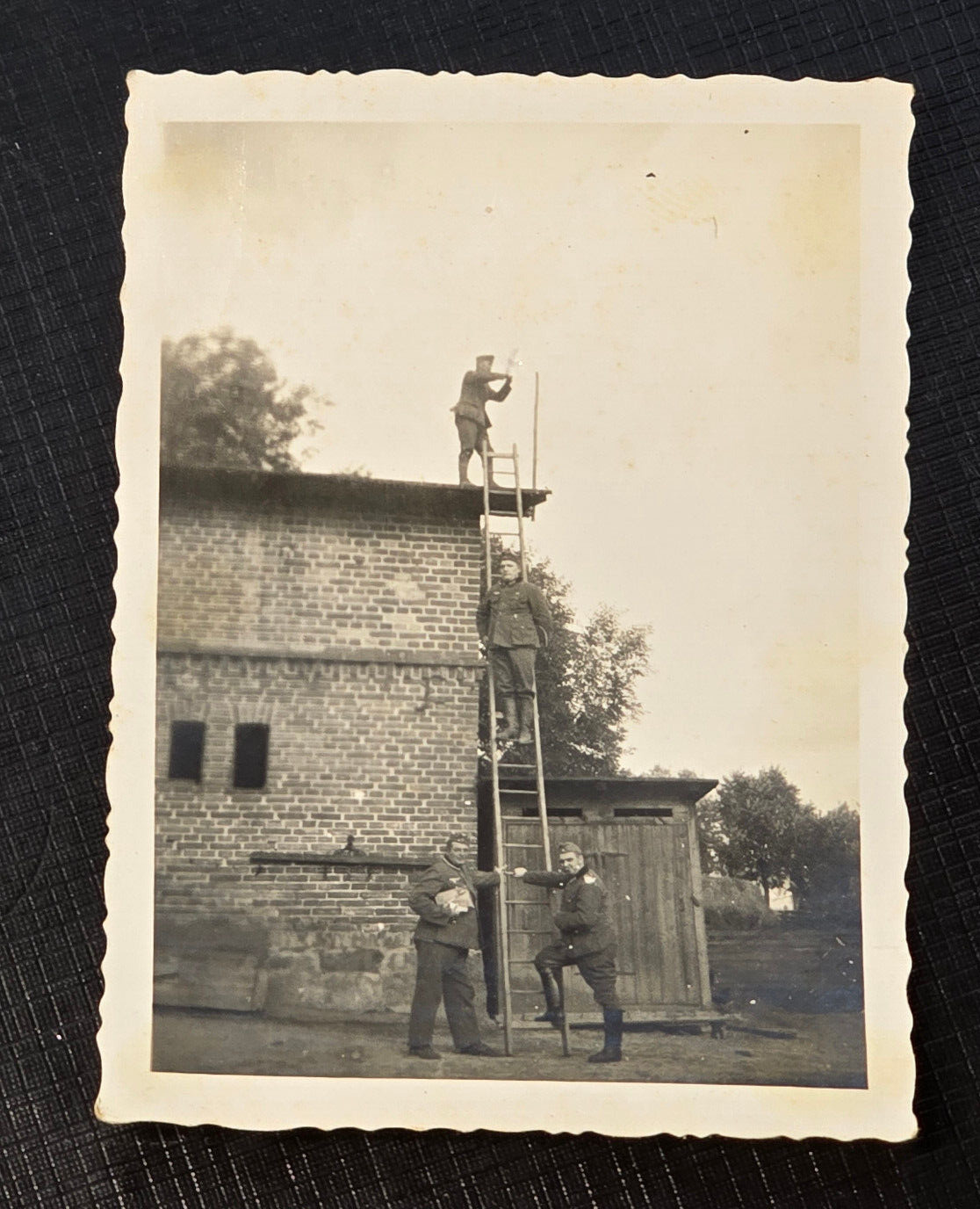 WEHRMACHT SOLDIERS POSE ON LADDER ROOFTOP WWII WW2 German Military ...