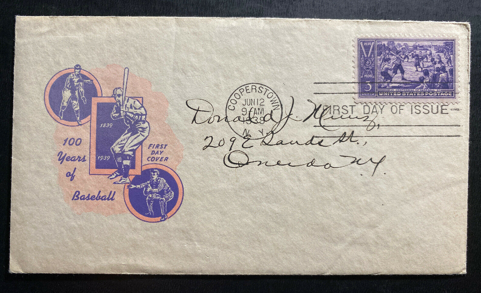 1939 Cooperstown USA First day Cover FDC Baseball Centenary Anniversary ...