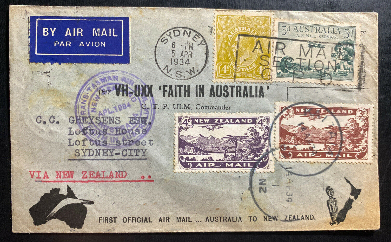 1934 Sydney Australia First Trans Tasman Flight Cover To New Zealand ...