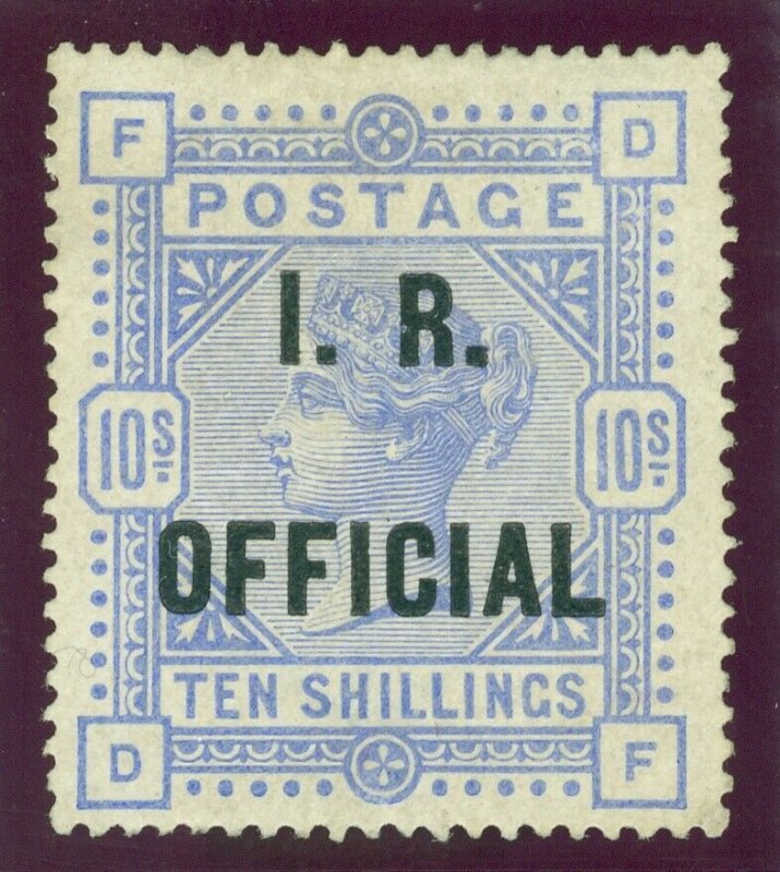 SG O9cb 1885 10/- cobalt (white paper) watermark anchor IR official. A ...