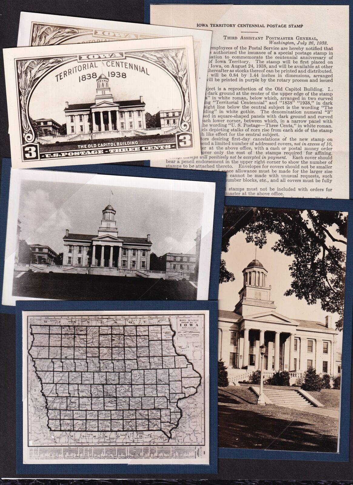 1938 IOWA centennial 100 years Sc 838 collateral photos, USPOD official ...