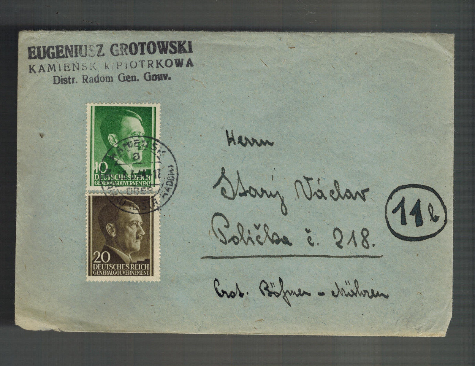 1944 Kamiensk Poland Germany GG cover to BM Bohemia Eugeniusz Grotowski ...