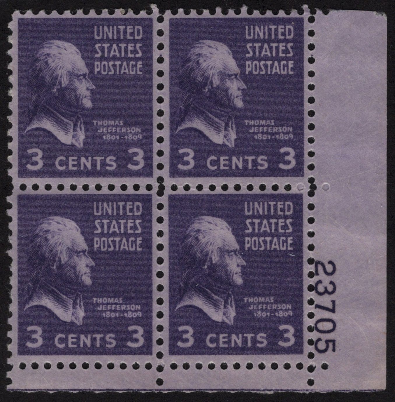 SC#807 3¢ Thomas Jefferson Plate Block: LR #23705 (1938) MNH | United ...
