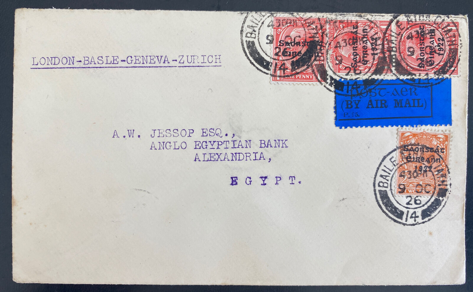 1926 Dublin Ireland Airmail Cover to Egyptian Bank Alexandria Egypt ...