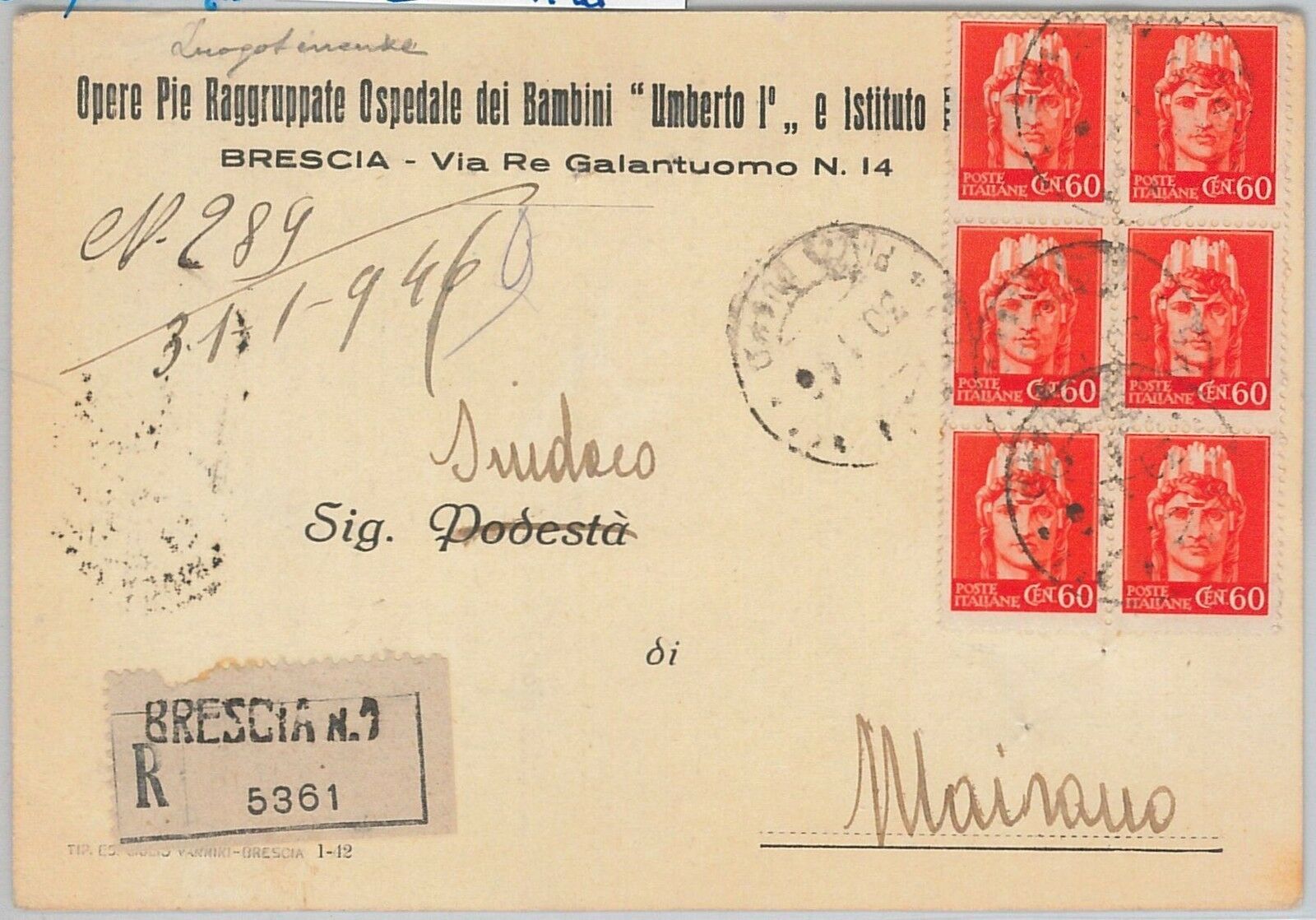 57173 - Luogotenza - Storia Postale: Busta Raccomandata Da Brescia ...