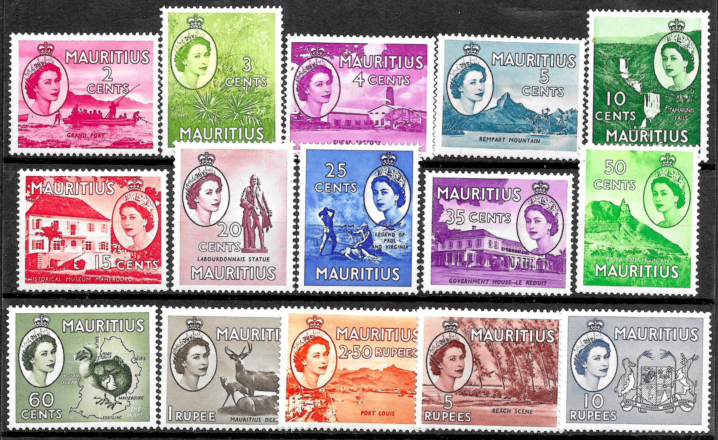 Mauritius #251-265, MH -1953 - Elizabeth II - Complete set - CV=65.15 ...