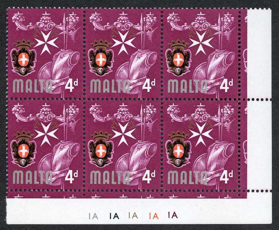 MALTA SG336a 1965-70 4d Knights of Malta Error SILVER OMITTED Block of ...