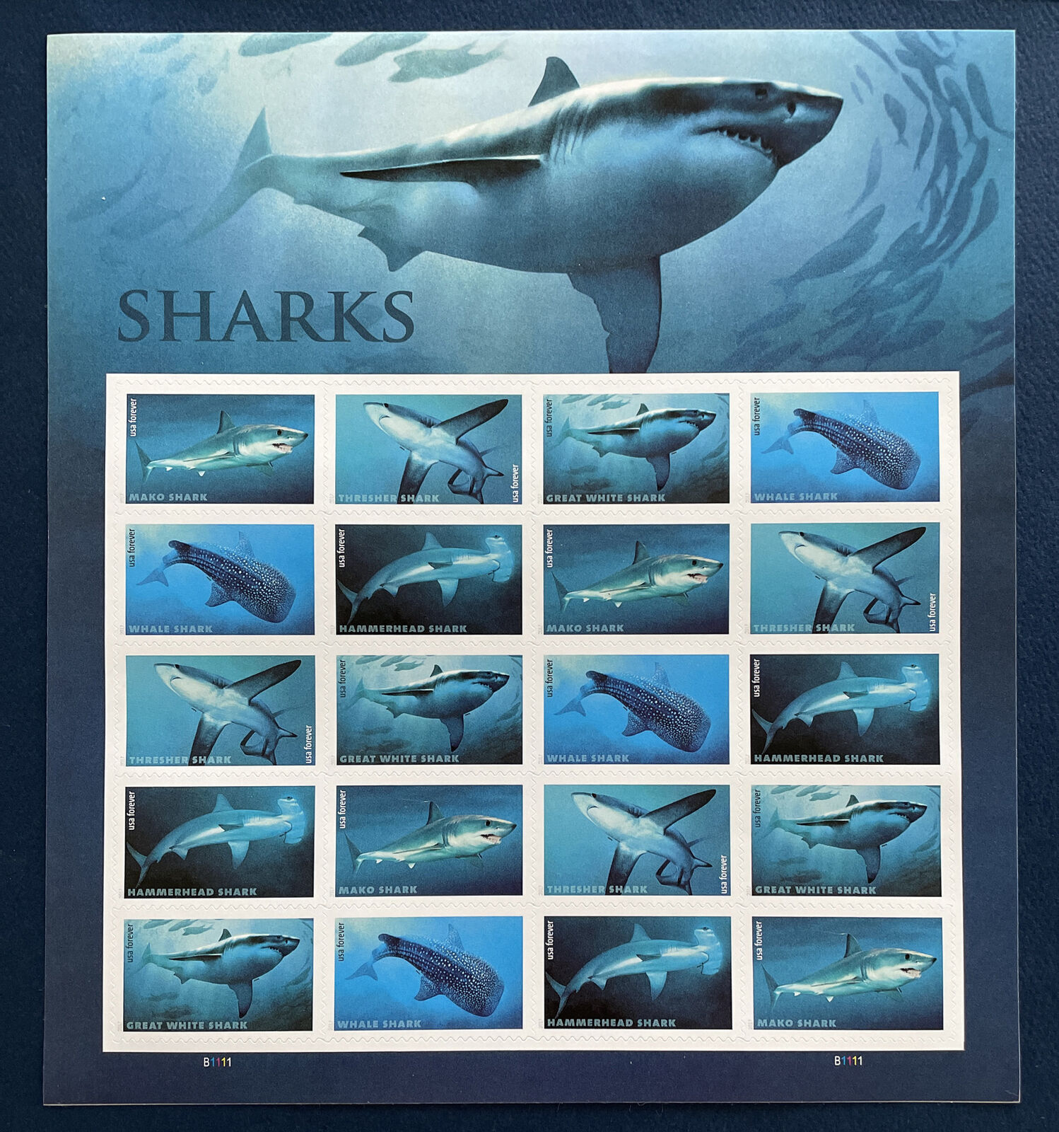 5227a MNH Sheet of 20, Forever, SHARKS P# B11111* (pjm) | United States ...