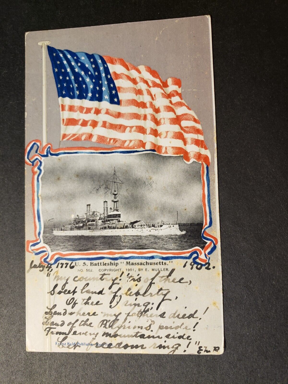 1902 Battleship USS MASSACHUSETTS BB-2 Naval Postcard to SS UMBRIA ...
