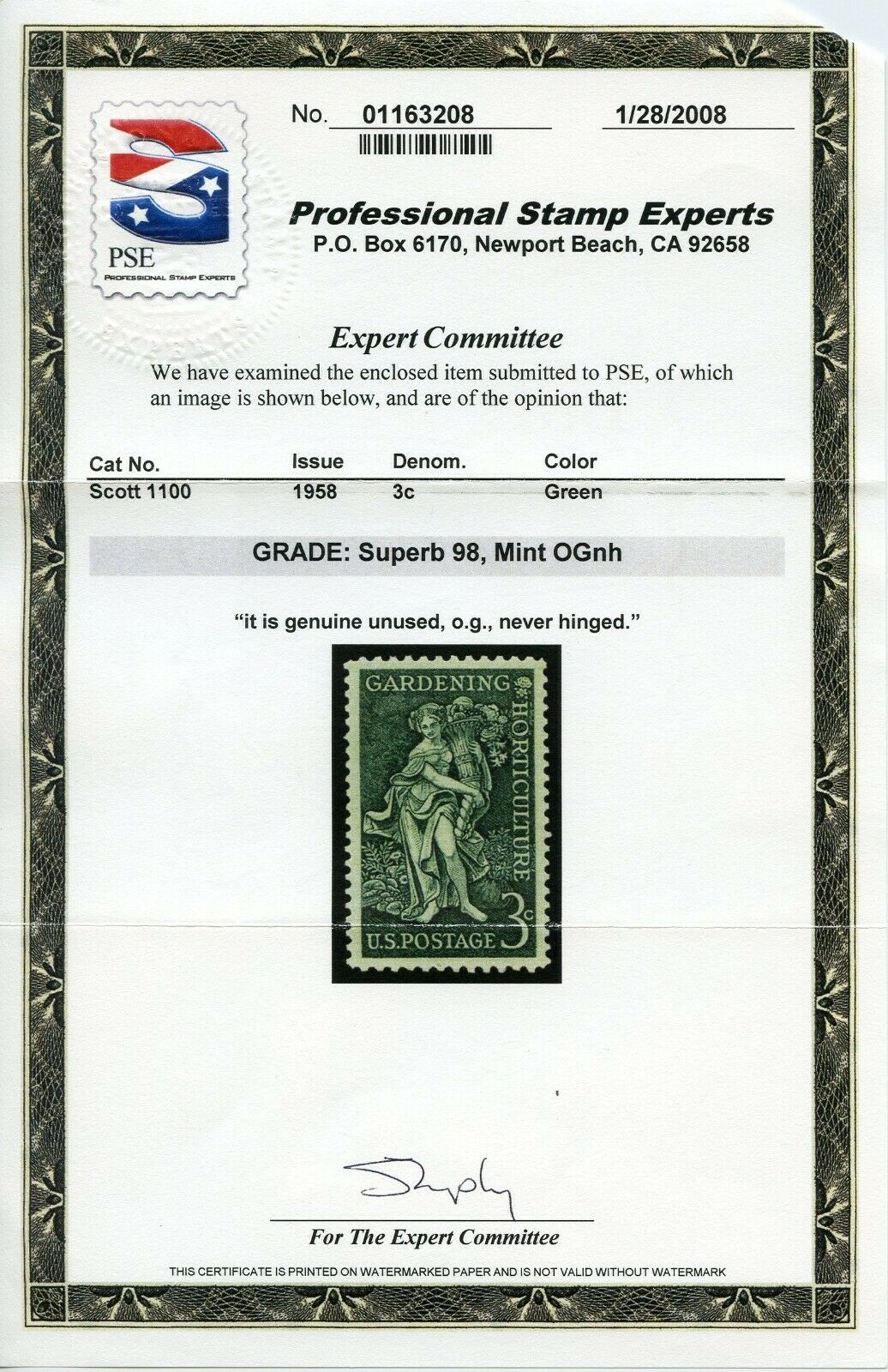US SCOTT #1100, Mint-Sup-OG-NH Graded 98 PSE Certificate SMQ $55 (DFP 1 ...