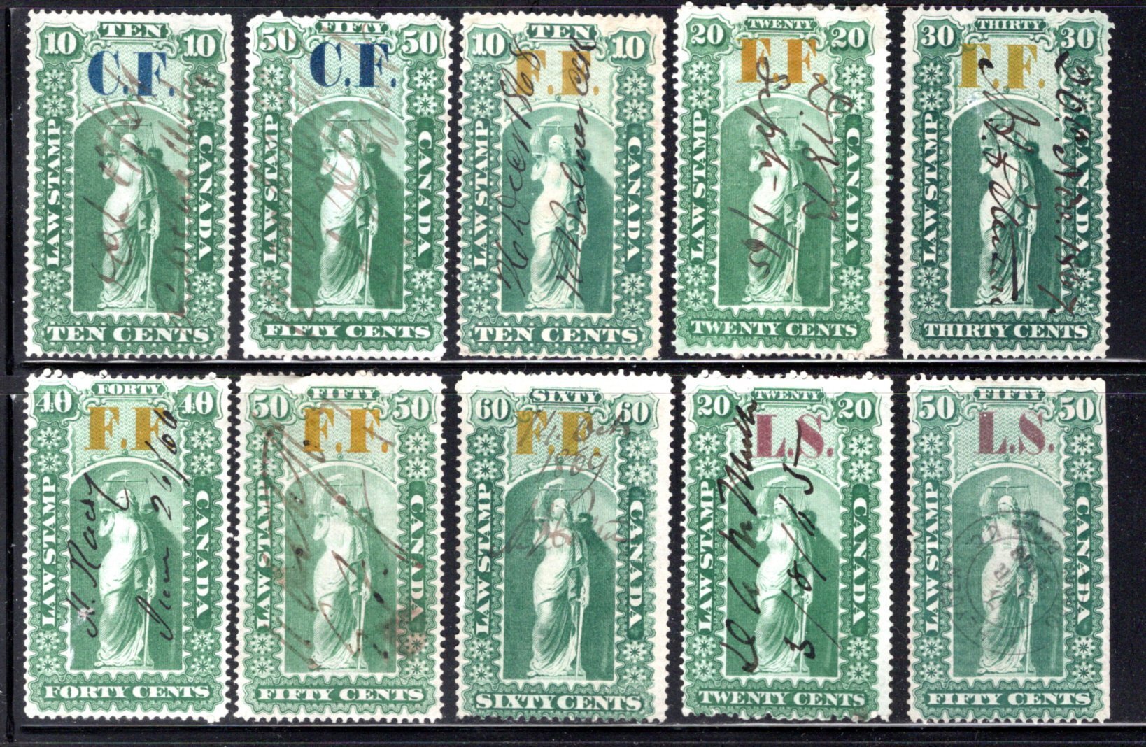 Assorted 1864 Ontario Canada Law Revenue Stamps, C.F., F.F. and L.S ...