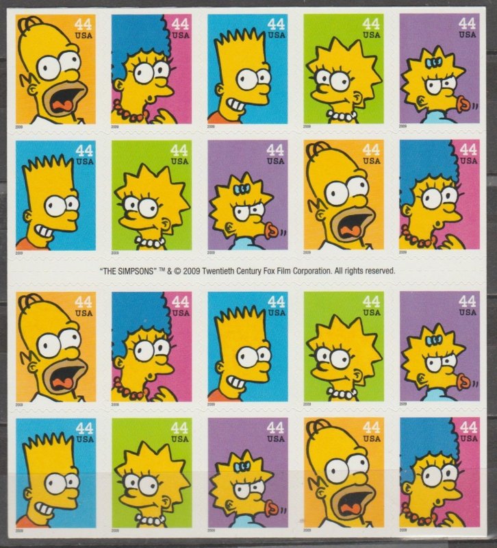 4399-4403, Complete Set of 4 Panes. "The Simpson's" MNH, .44 cent ...