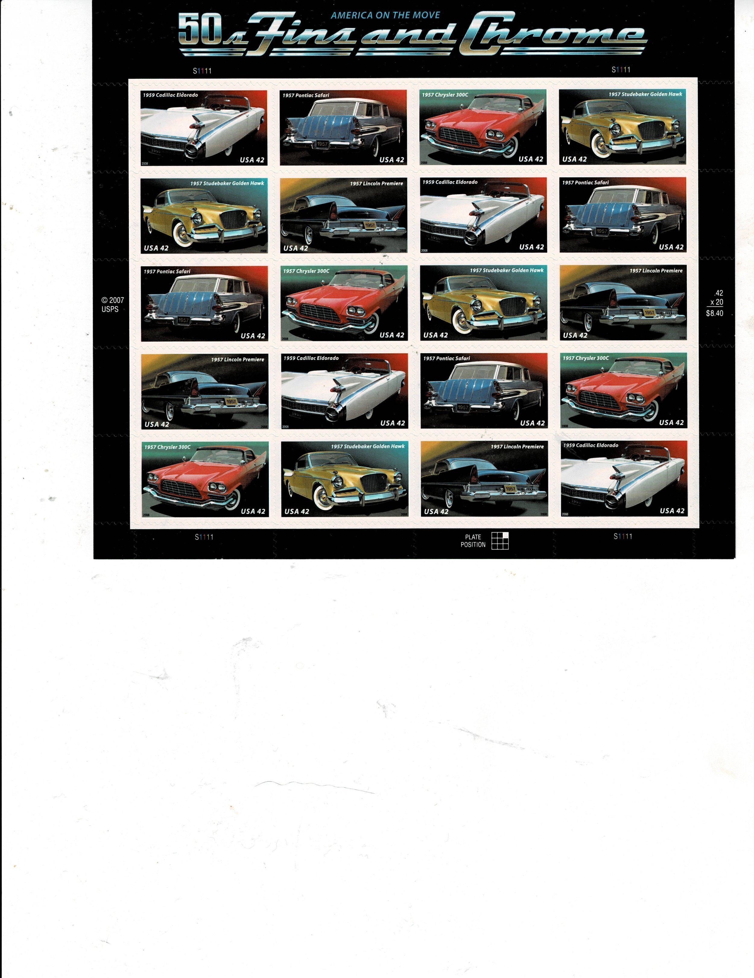 50s Fins and Chrome Muscle Cars 42c US Postage Sheet #4353-57 VF MNH ...
