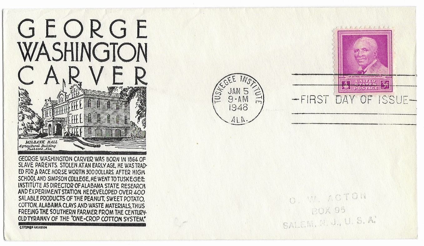 1948 FDC, #953, 3c George Washington Carver, House of Farnam, block of ...