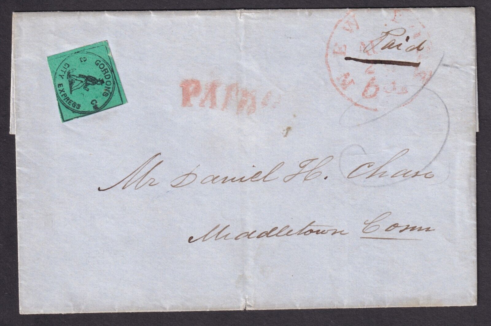 72L3 on Outer Folded Letter, red NYC datestamp, PAID in arc, VF. CV ...