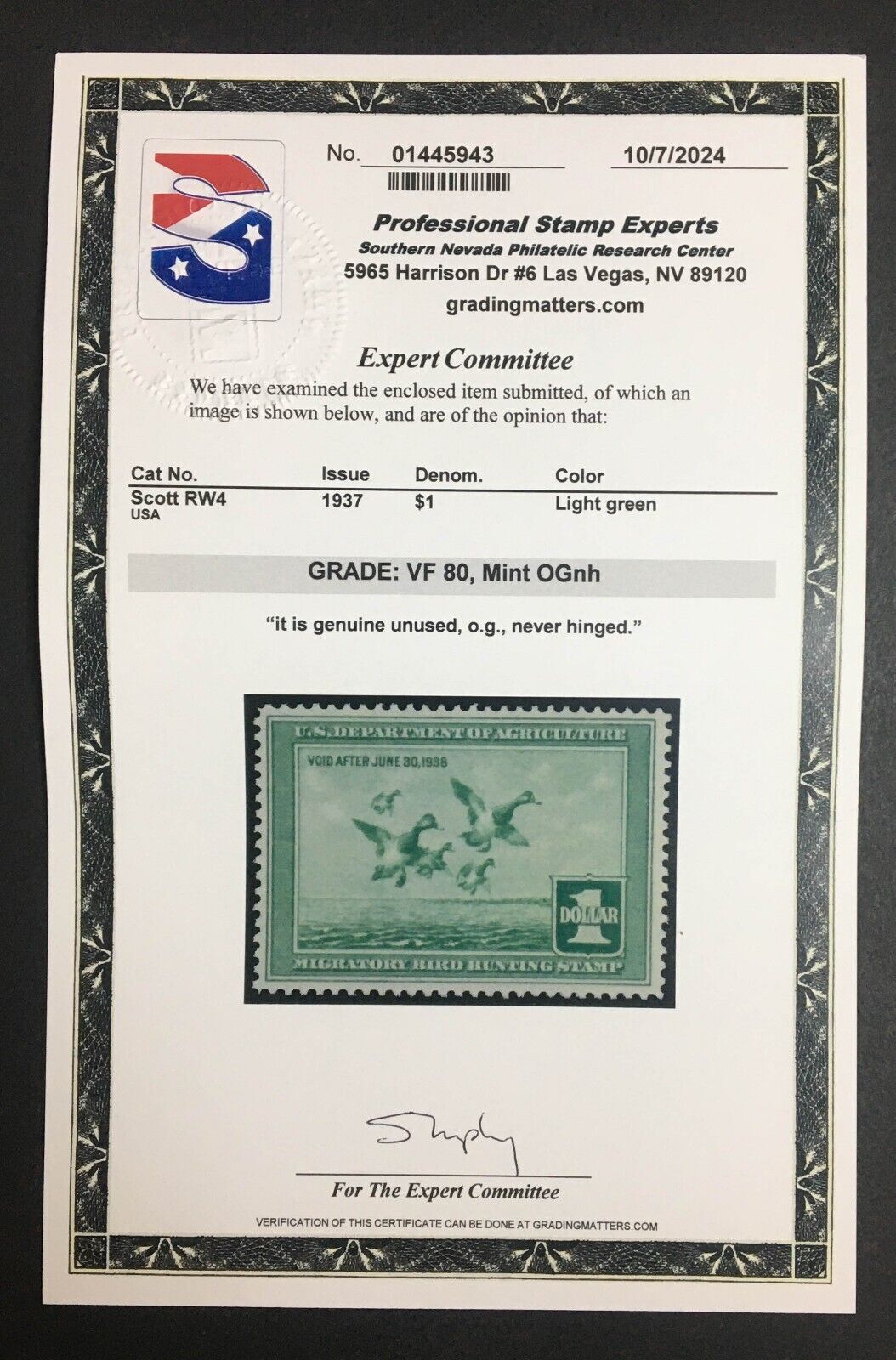 US Stamps # RW4 Duck Mint OG NH PSE Graded Cert Vf-80 LOT #92535 ...