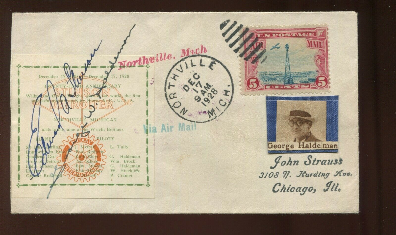 DEC 17 1928 Pilots RUTH ELDER & GEORGE HALDEMAN Signed Rotary Int'l Air ...