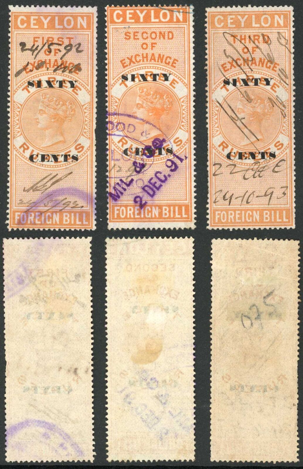Ceylon Foreign Bill BF46 60c on 3r Orange 1st 2nd and 3rd Exchange RARE ...