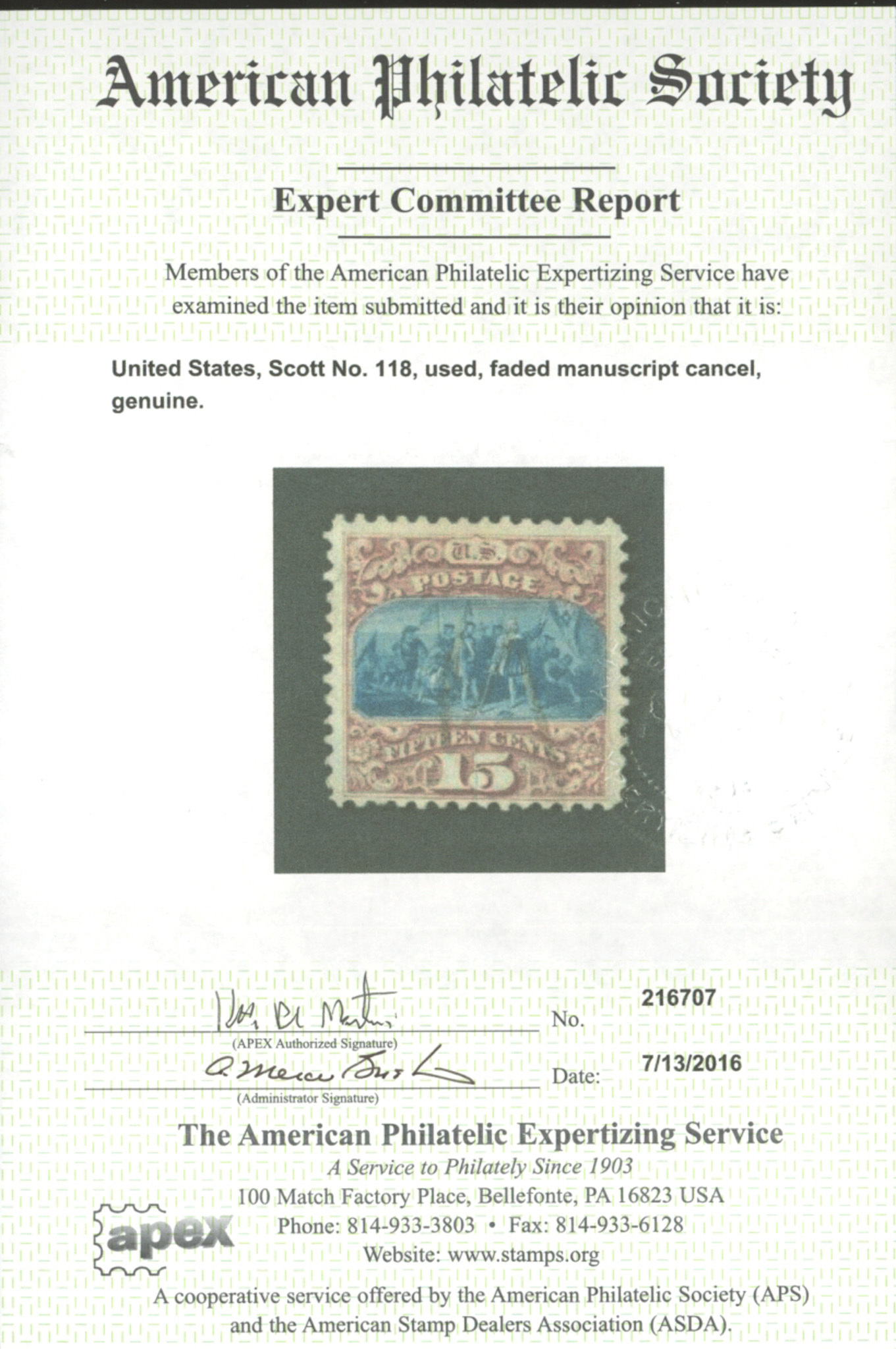 U.S. #118 Used With APS Cert | United States, General Issue Stamp ...