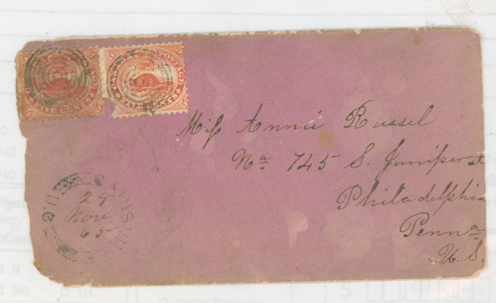 Canada 15 #15 (2) on rough 1862 cover. Stamp at right with visible ...