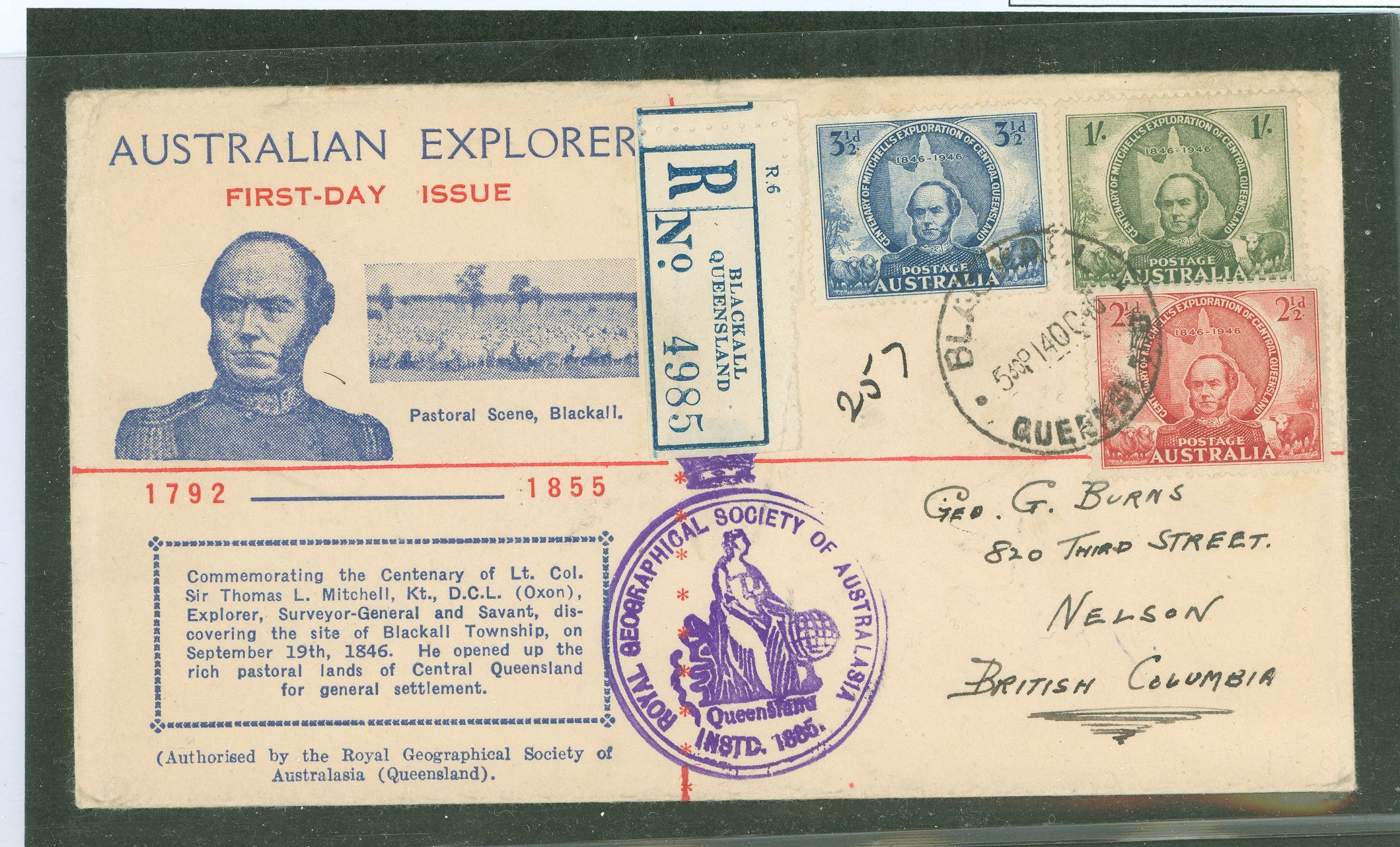 Australia 203-5 1946 Thomas Mitchell, explorer, set of three on an ...