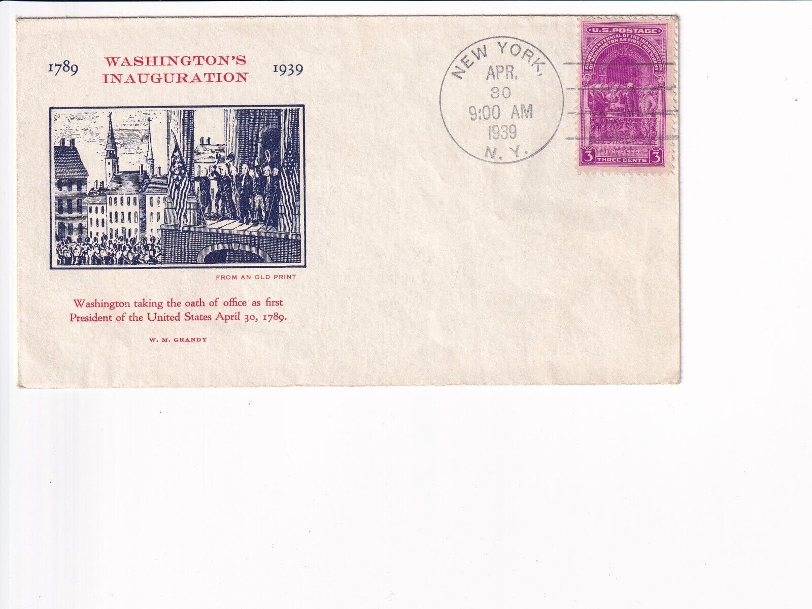 Sc. #854, Washington's Inauguration Sesquicentennial FDC Cachet 1939 ...