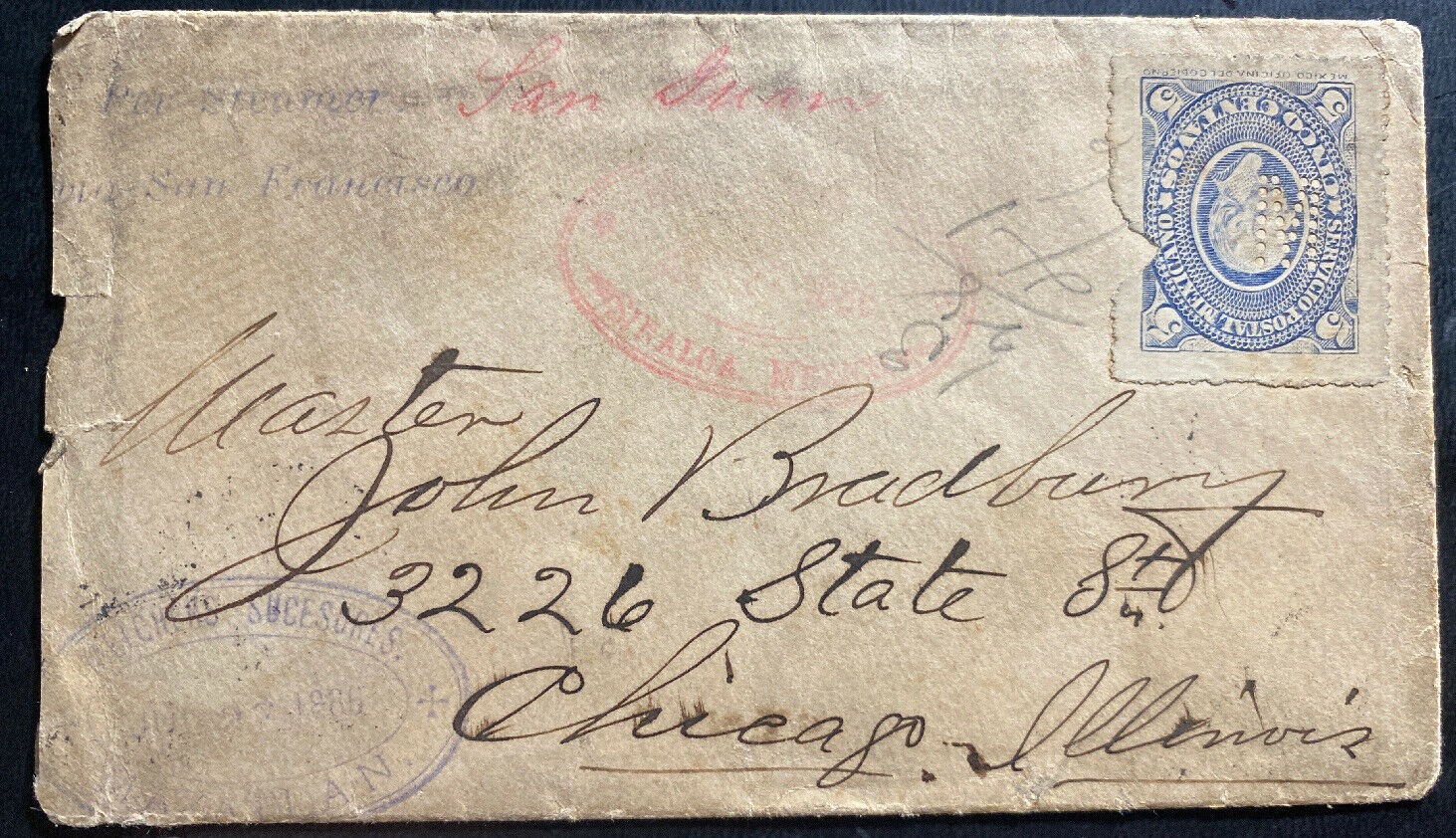 1886 Sinaloa Mexico Vintage Cover To Chicago IL USA Via El Paso Perfin ...