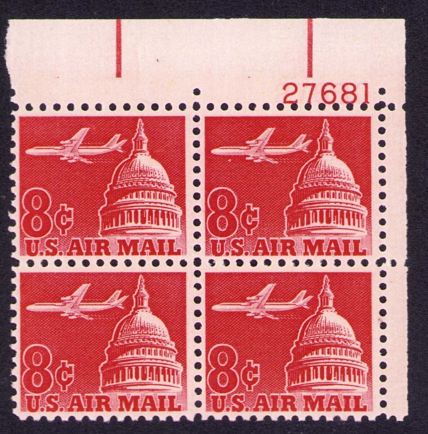 US Airmail Stamps, #C64 MNH Plate Block 8¢ Jet Over Capitol | United ...