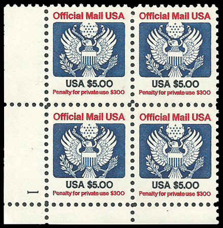 PCBstamps US O133 PB $20.00(4x$5.00) Official Mail, #1, MNH, (PB-3 ...
