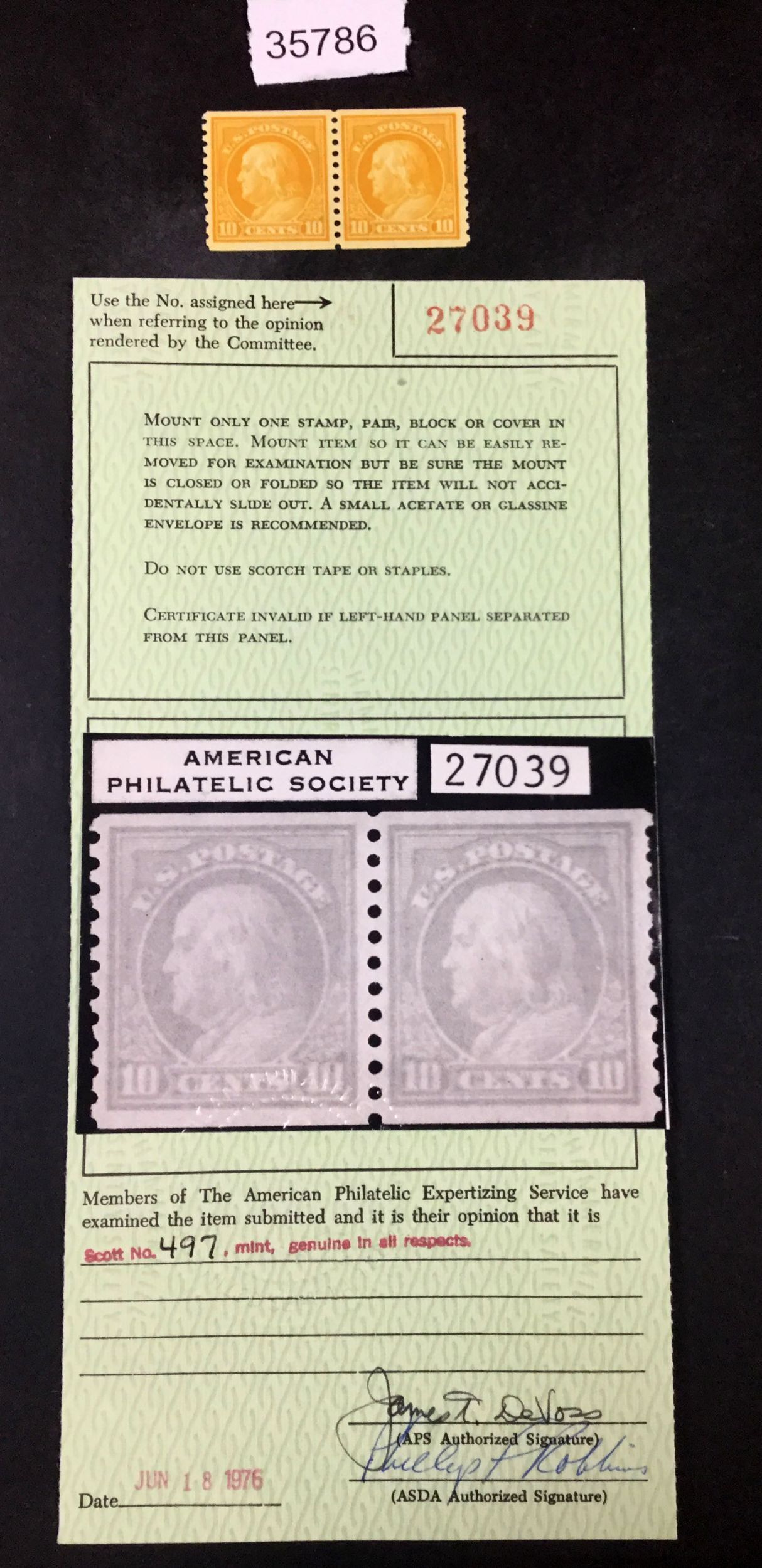 US Stamps #497 Mint OG NH VF+ Pair *** APS Certificate *** LOT #35786 ...