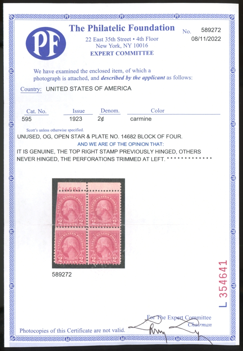 U.S. #595 Mint PL# Block of 4 With PF Cert | United States, General ...